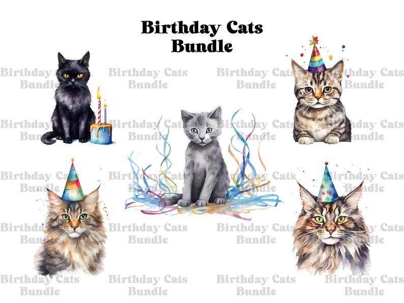Birthday Cat Clipart Bundle 29 Cute Cats as Watercolor Pngs - Etsy
