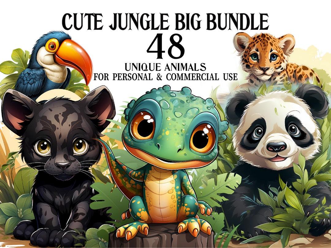 Cute Jungle Clipart Big Bundle - 48 Animal Watercolor Pngs - Digital ...
