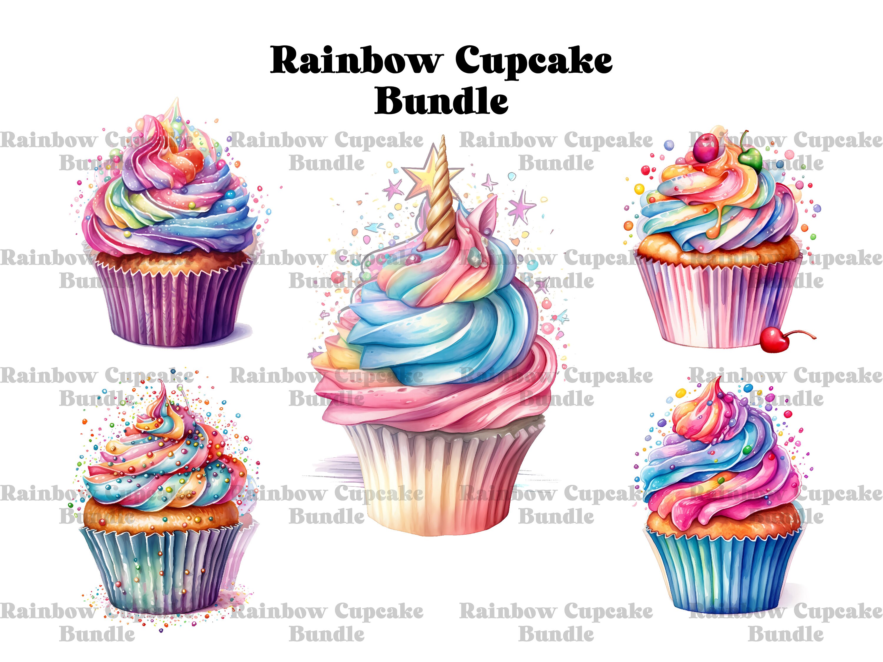 Rainbow Cupcake Bundle 47 Rainbow Cupcakes as Watercolor Pngs Cupcake ...