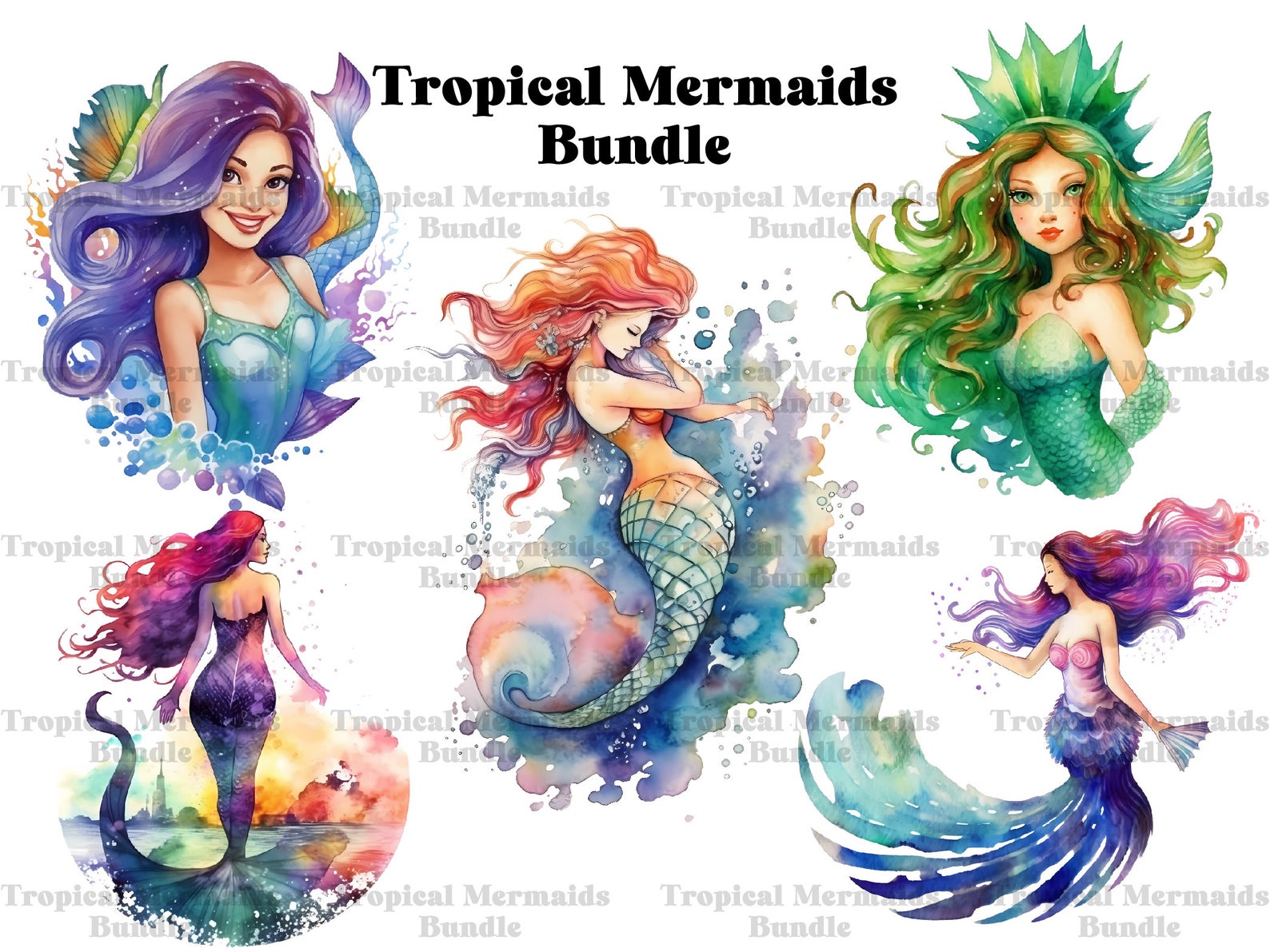 Tropical Mermaid Clipart Bundle 21 Mermaids as Watercolor Pngs Mermaid ...