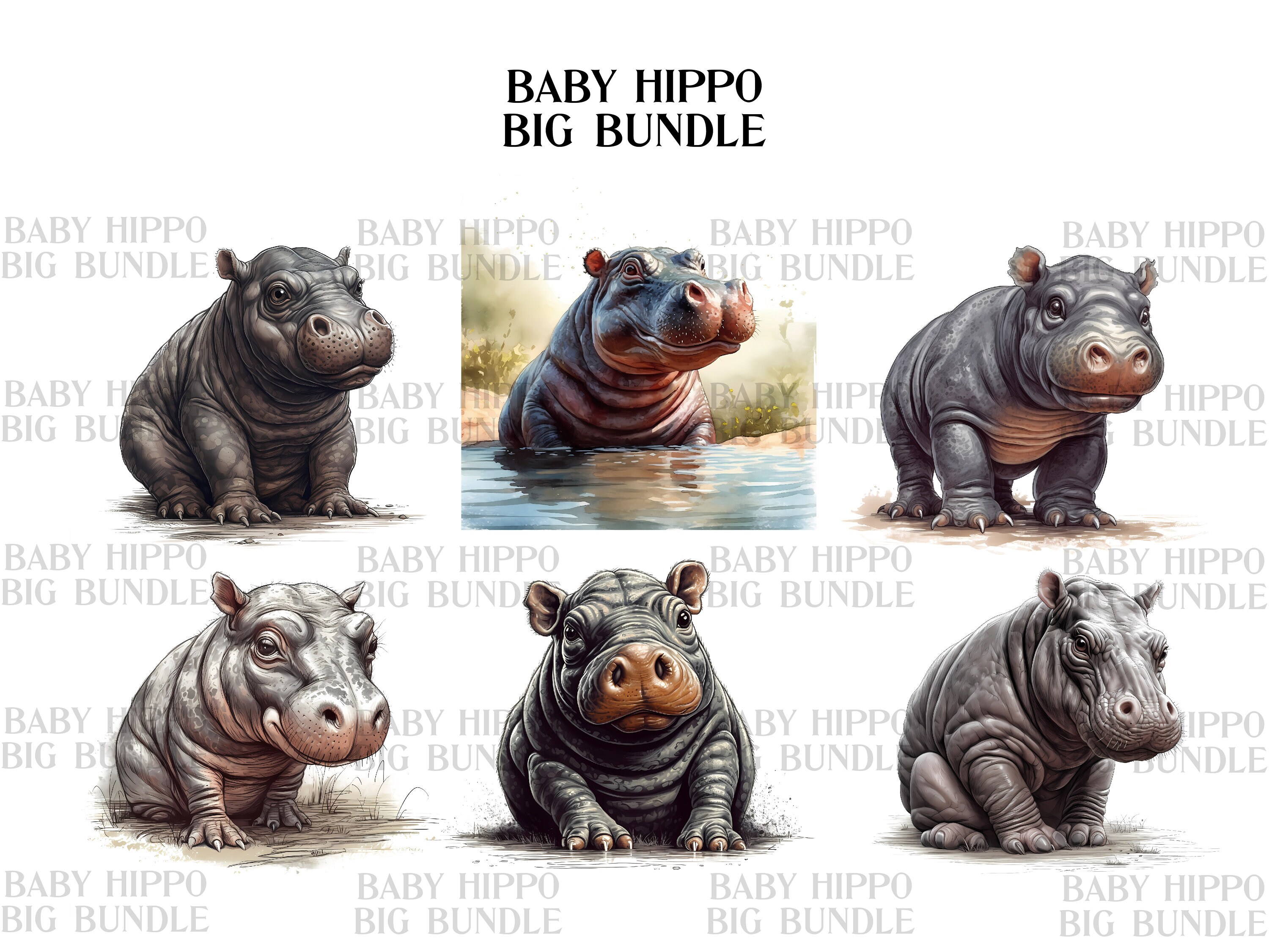Baby Hippo Clipart Bundle 15 Hippos as Watercolor Pngs Digital Download ...
