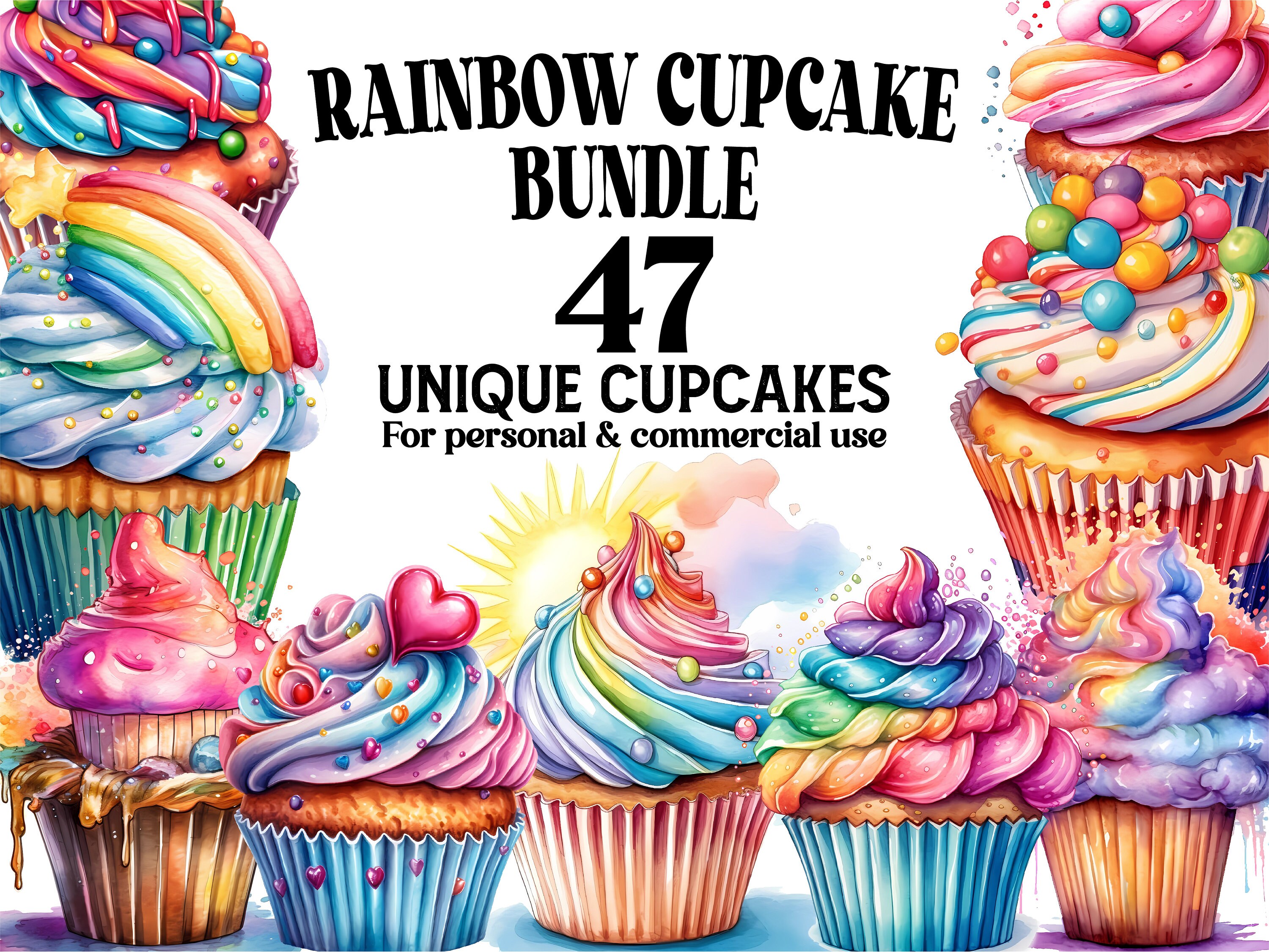 Rainbow Cupcake Bundle 47 Rainbow Cupcakes as Watercolor Pngs Cupcake ...