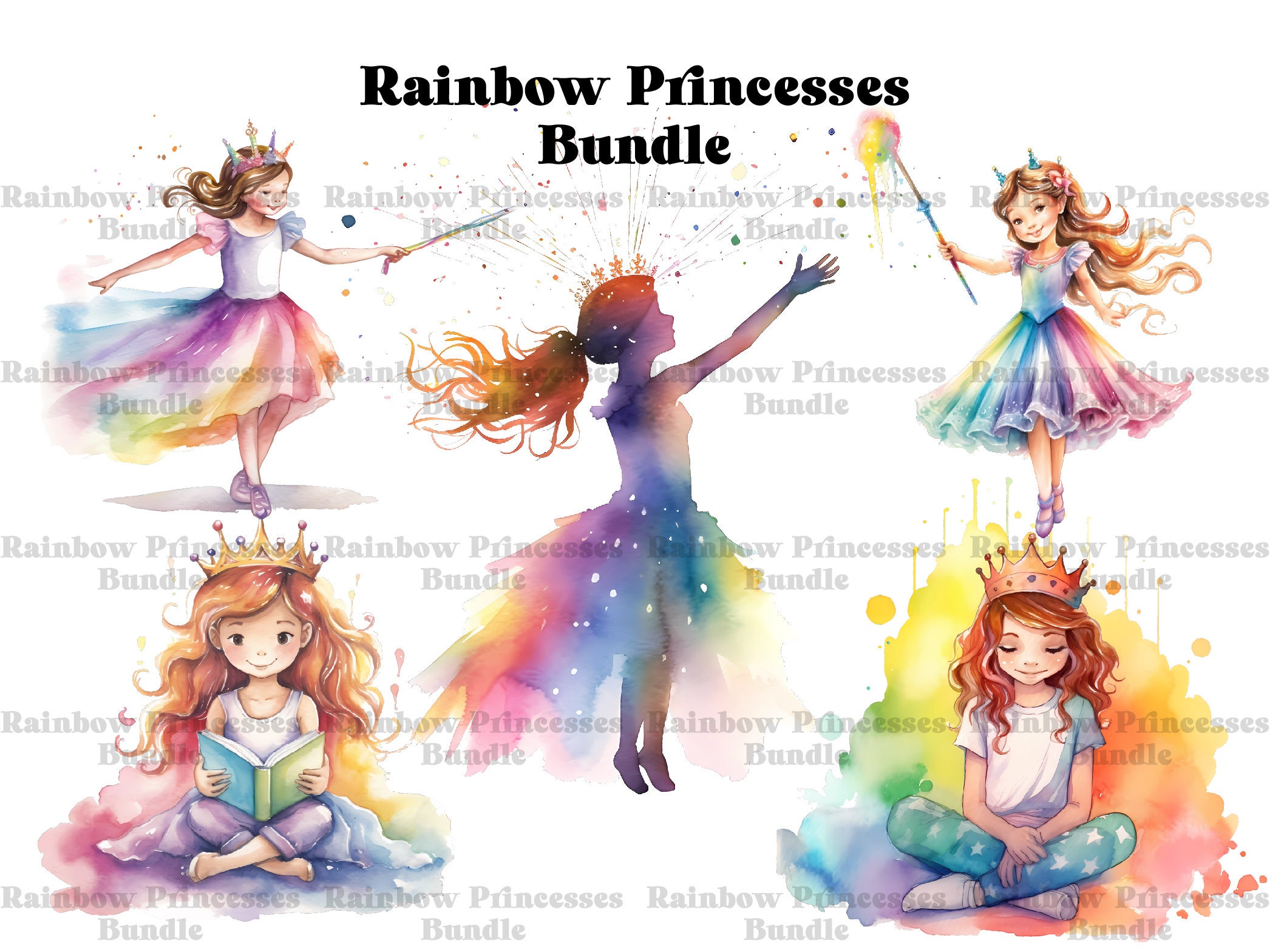 Rainbow Princess Clipart Bundle 20 Princesses Pngs Digital Download for ...