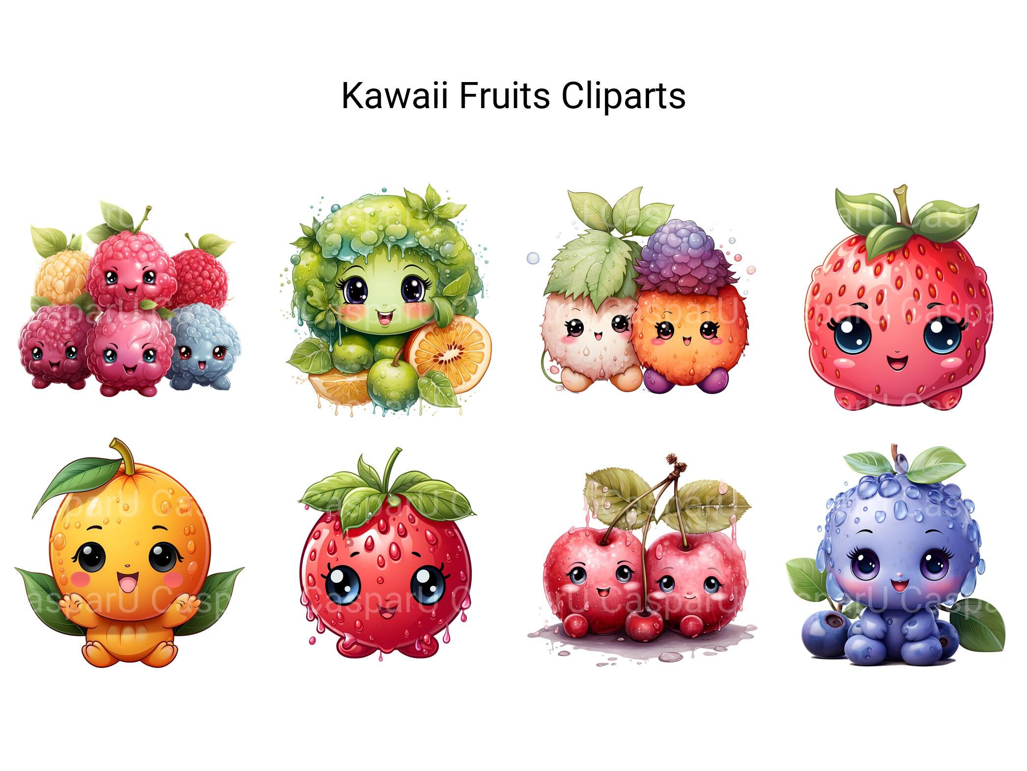 Kawaii Fruits Clipart Bundle 92 Kawaii Watercolor Pngs Digital Download ...