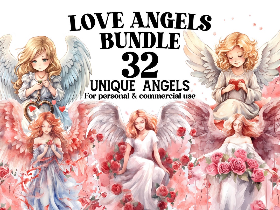 Love Angel Clipart Bundle 32 Heart Angels as Watercolor PNG Angel Clip ...