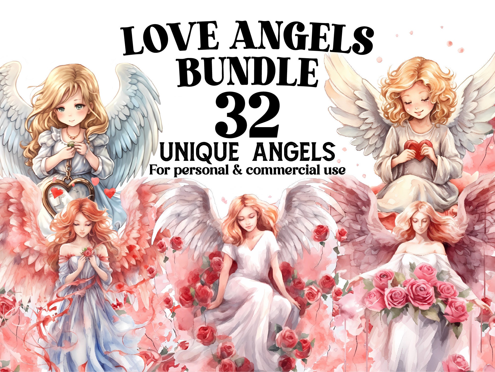 Love Angel Clipart Bundle 32 Heart Angels as Watercolor PNG Angel Clip ...