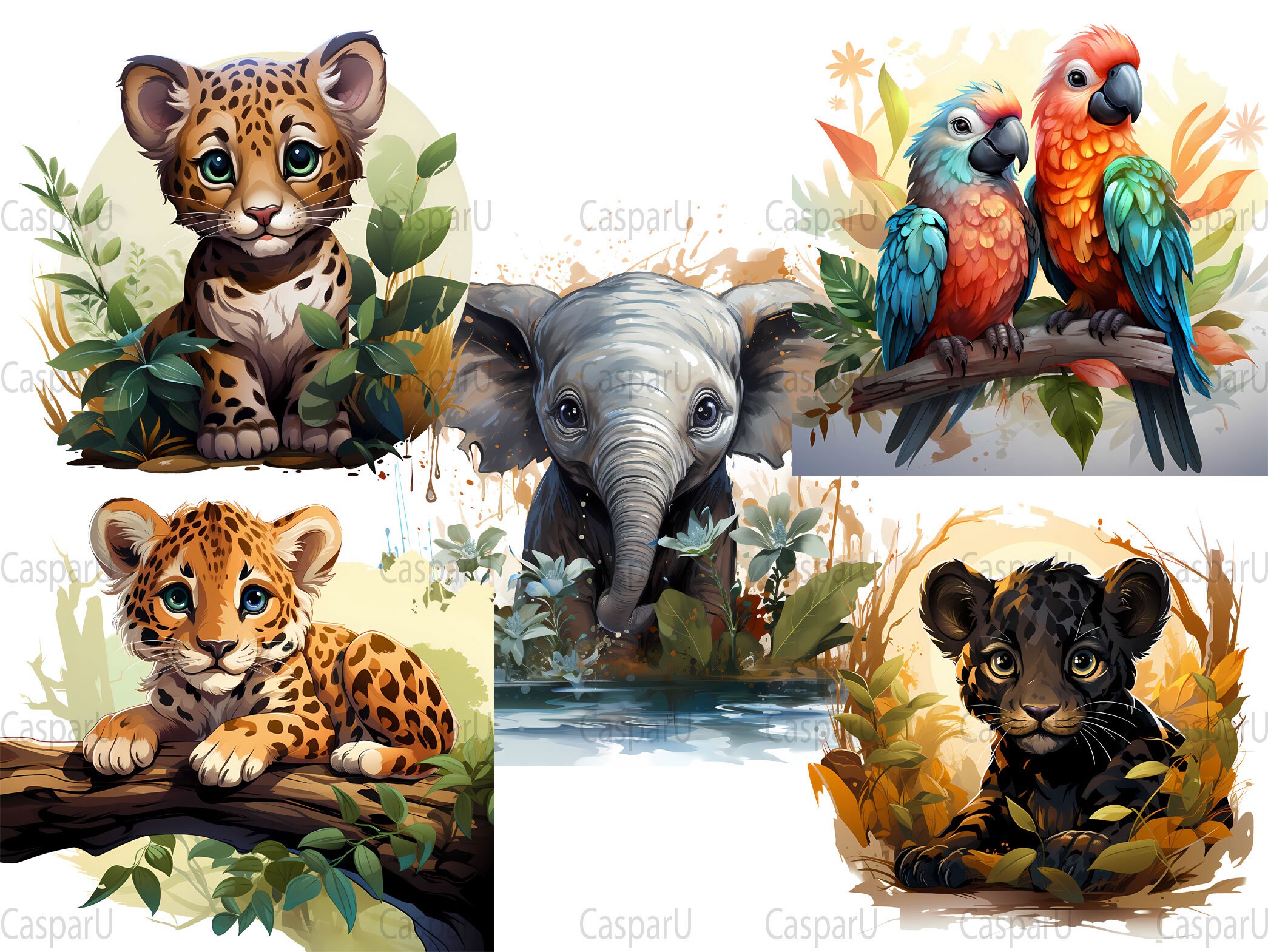 Cute Jungle Clipart Big Bundle 48 Animal Watercolor Pngs Digital ...