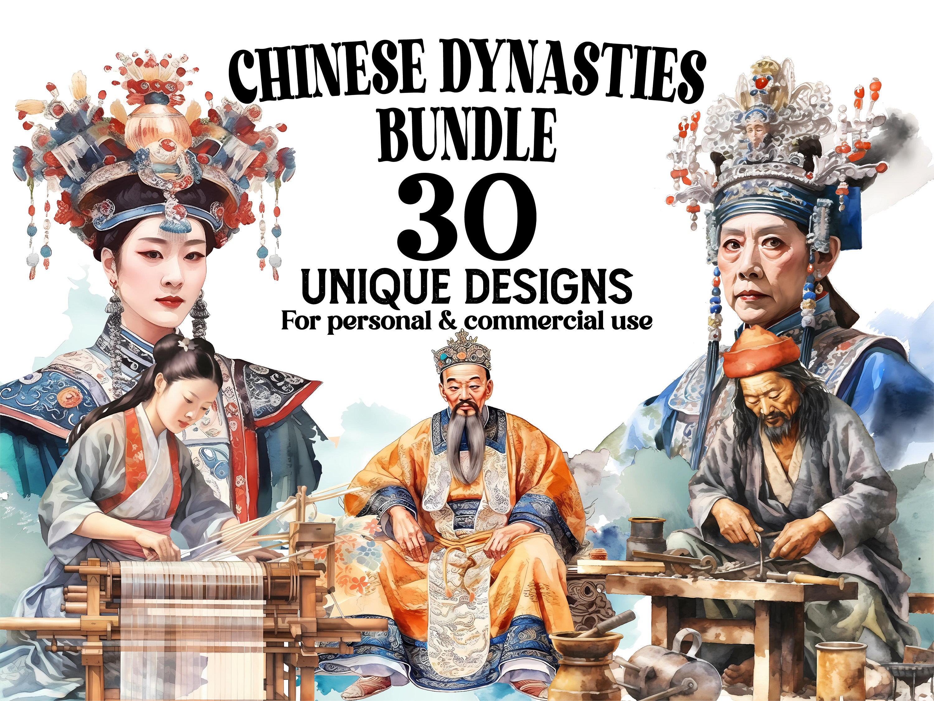 Chinese Dynasties Clipart Bundle - 30 Watercolor Chinese Culture Pngs ...