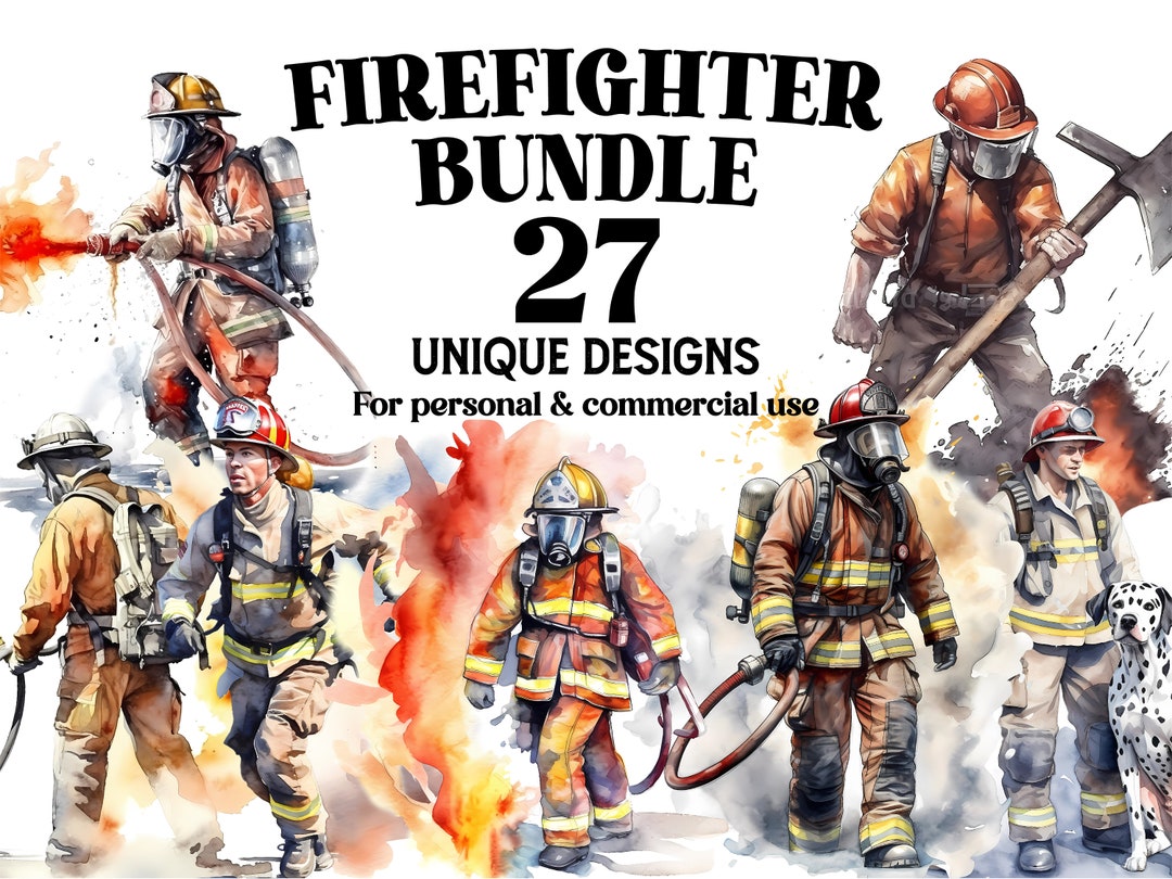 Firefighter Clipart Bundle - 27 Watercolor Fire Rescue Pngs - Perfect ...