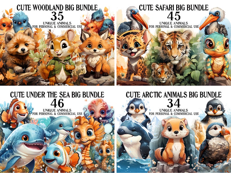 MEGA Cute Animals Clipart Bundle 705 Cute Cartoon Animals as Watercolor ...