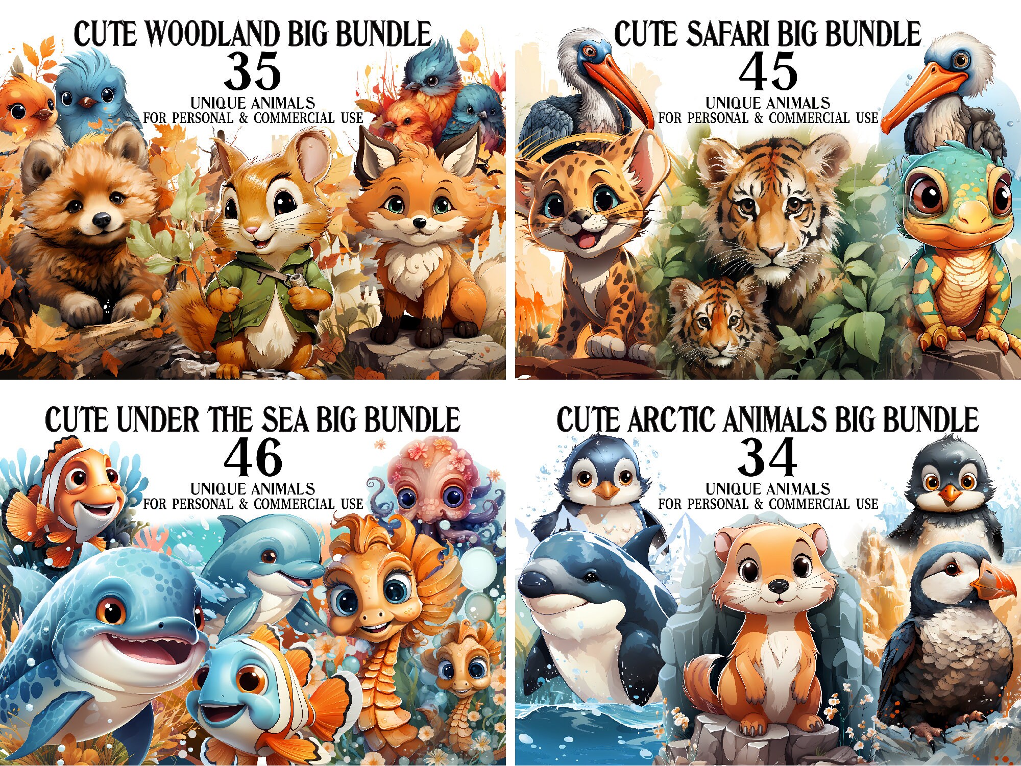 MEGA Cute Animals Clipart Bundle 705 Cute Cartoon Animals as Watercolor ...