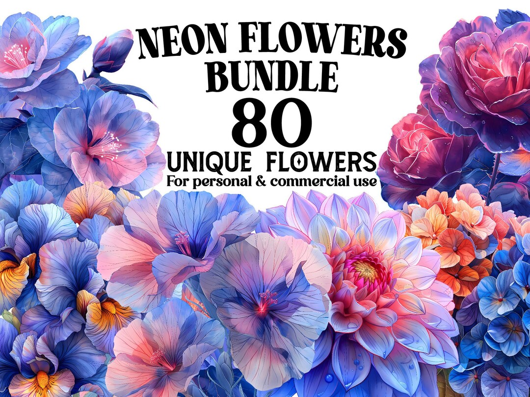 Neon Flowers Clipart Bundle - 80 Watercolor Floral Pngs - Digital ...