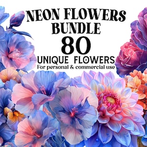 Neon Flowers Clipart Bundle - 80 Watercolor Floral Pngs - Digital ...