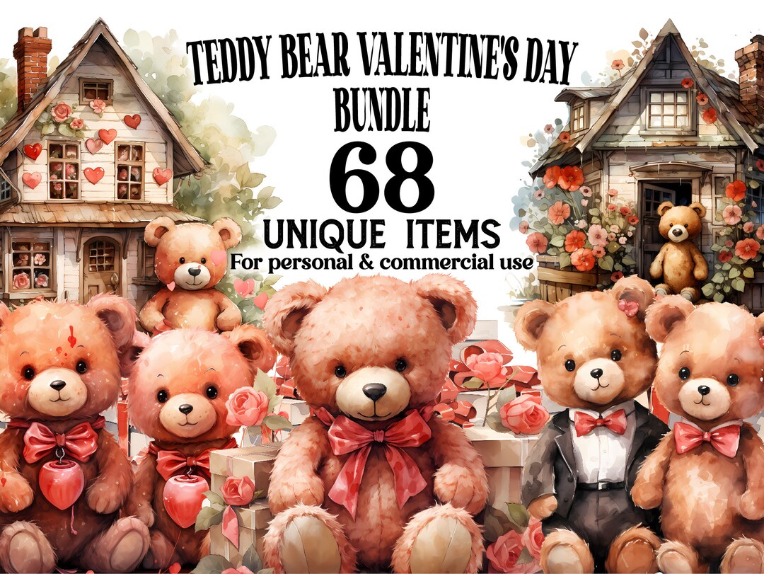 Teddy Bear Valentines' Day Clipart Bundle 68 Watercolor Pngs Digital ...