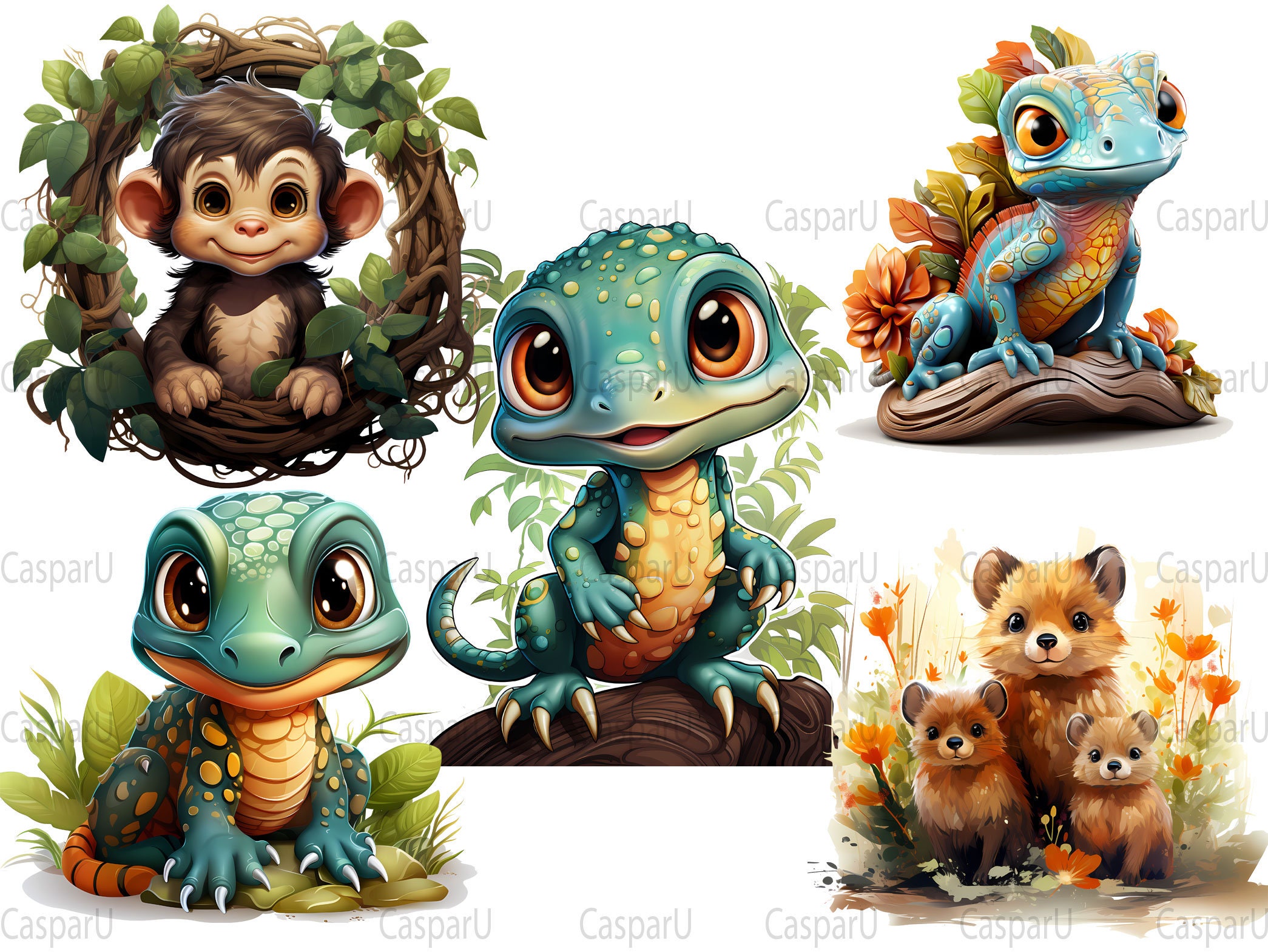 Cute Jungle Clipart Big Bundle 48 Animal Watercolor Pngs Digital ...