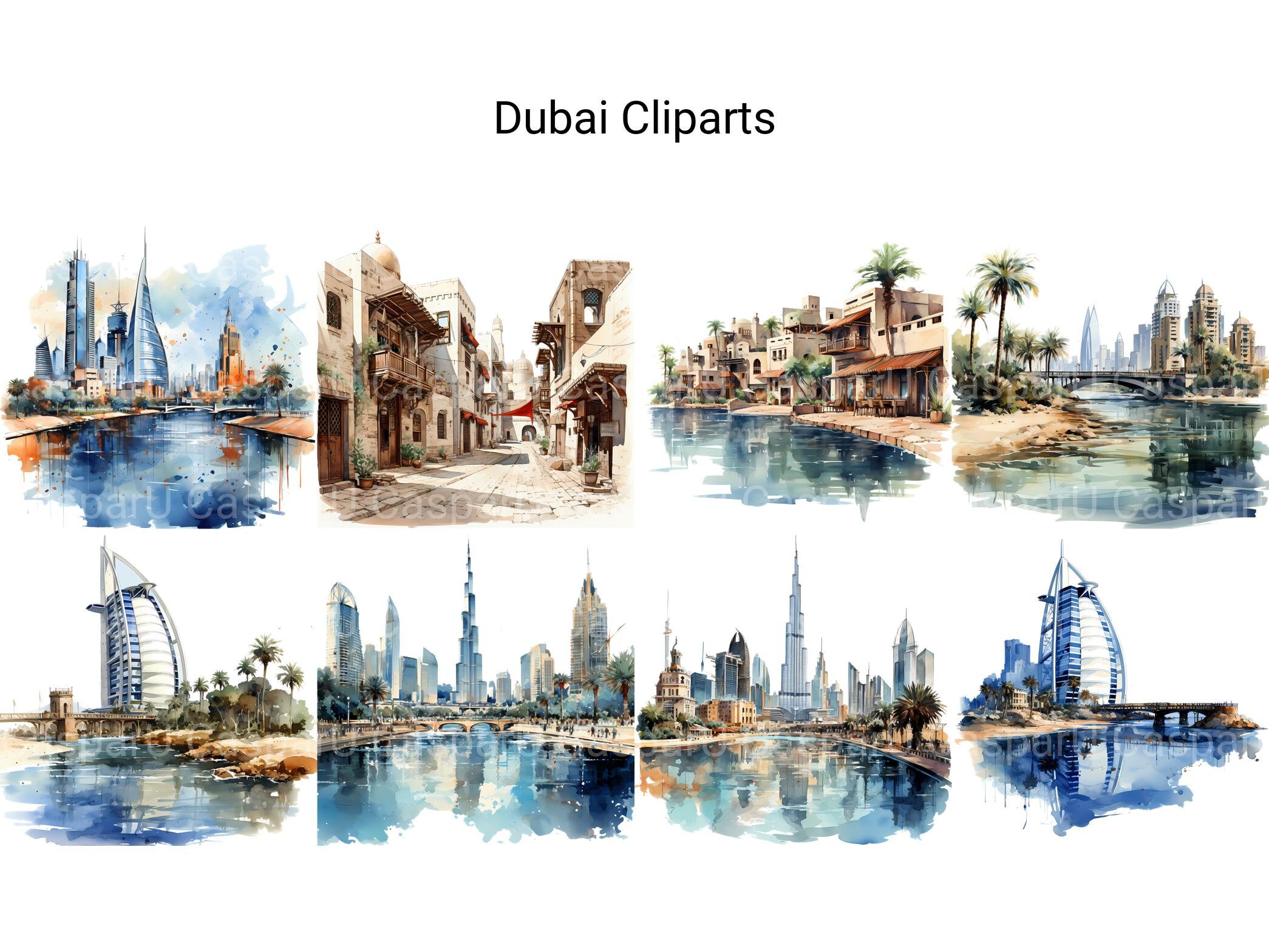 Dubai Clipart Bundle - 32 Travel Watercolor Pngs - Digital Drawings ...
