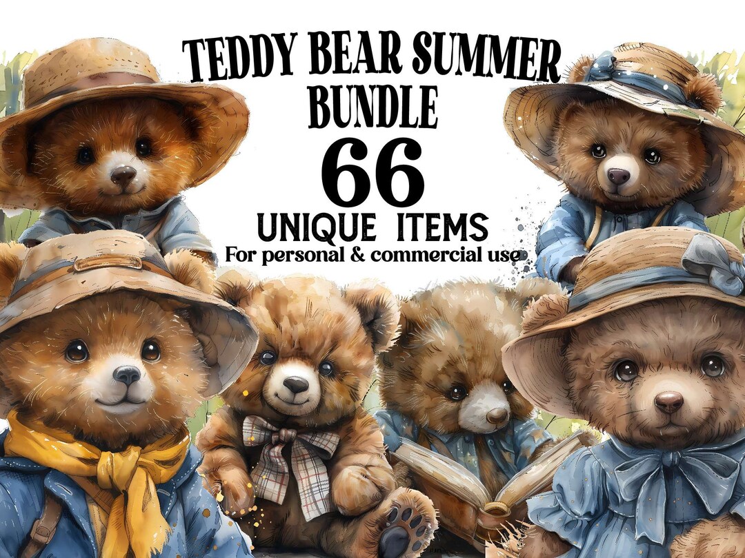 Teddy Bear Summer Clipart Bundle 66 Summer Watercolor Pngs Digital ...