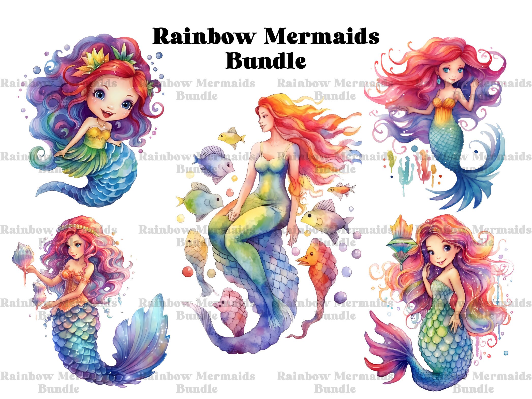 Rainbow Mermaid Clipart Bundle 33 Colorful Mermaids as Watercolor Pngs ...