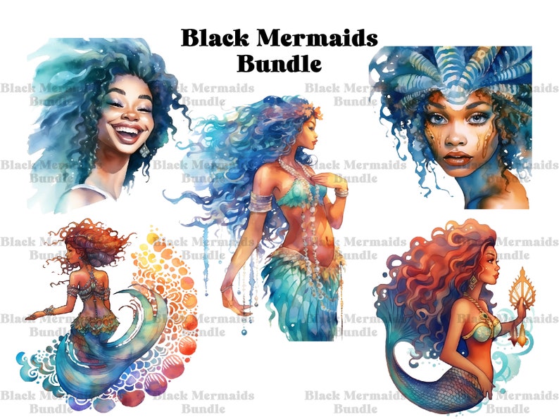 Black Mermaid Clipart Bundle 20 Black Mermaids as Watercolor PNG ...