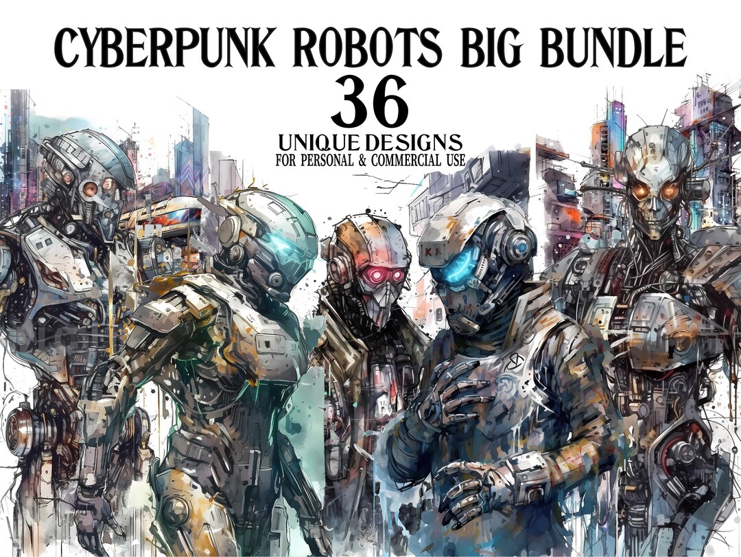 Cyberpunk Clipart Big Bundle - 36 Cyberpunk Robot Pngs - Cyborg Digital ...