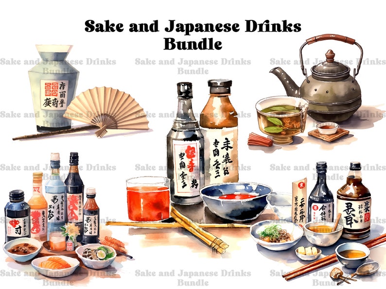 Sake and Japanese Drink Clipart Bundle 26 Sake Watercolor Pngs Clip Art ...