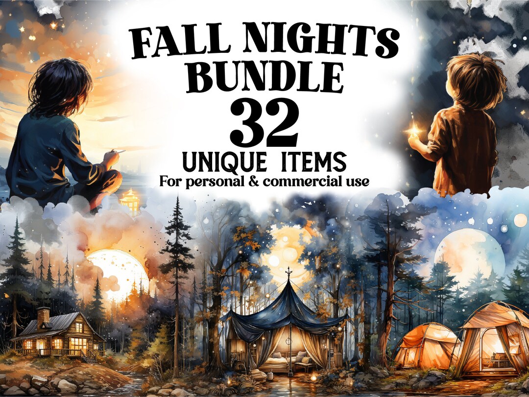 Fall Nights Clipart Bundle 32 Watercolor Autumn Star Night Pngs Clip ...