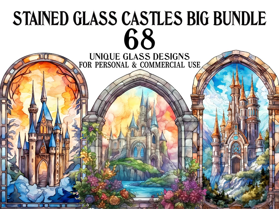 Castle Stained Window Clipart Big Bundle - 68 Stained Glass Castle and ...