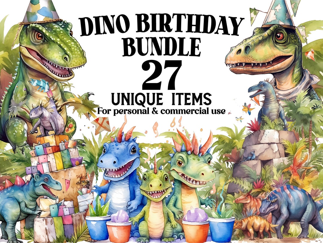 Dino Birthday Clipart Bundle - 27 Dinosaur Birthday PNG - Clip Art ...