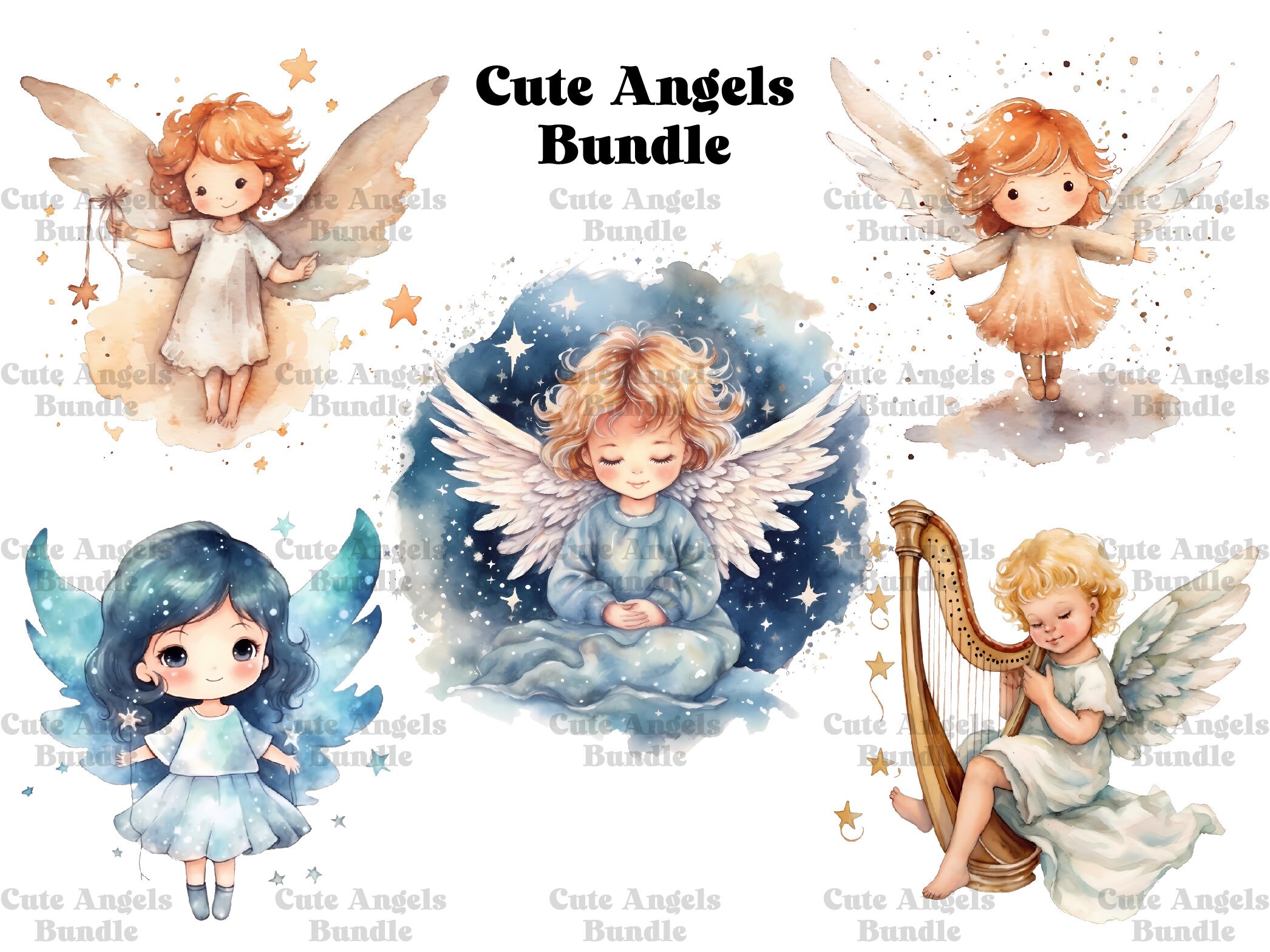 Cute Angel Clipart Bundle 23 Small Angels as Watercolor Pngs Angel Clip ...