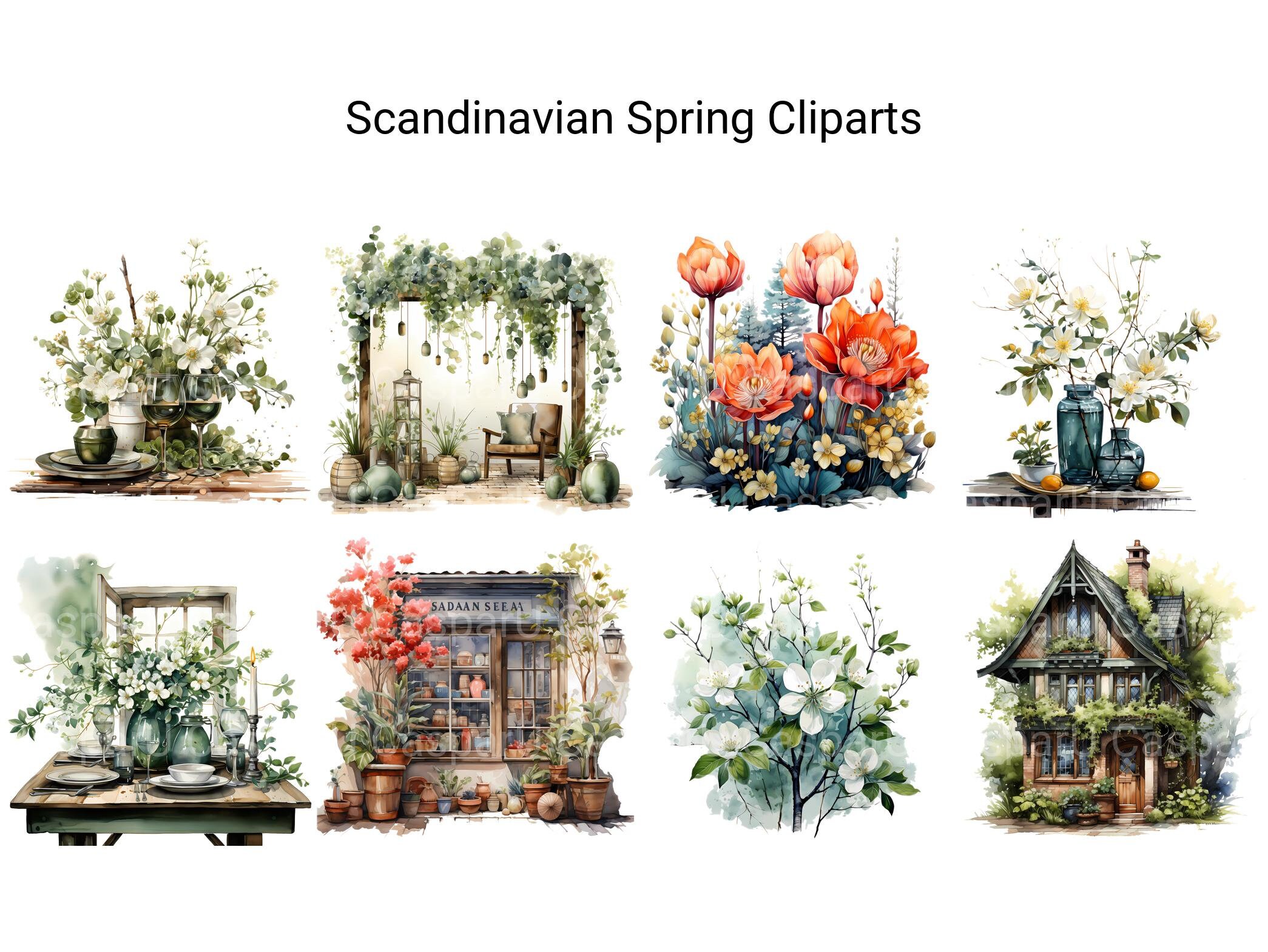 Scandinavian Spring Clipart Bundle 46 Watercolor Pngs Digital Drawings ...