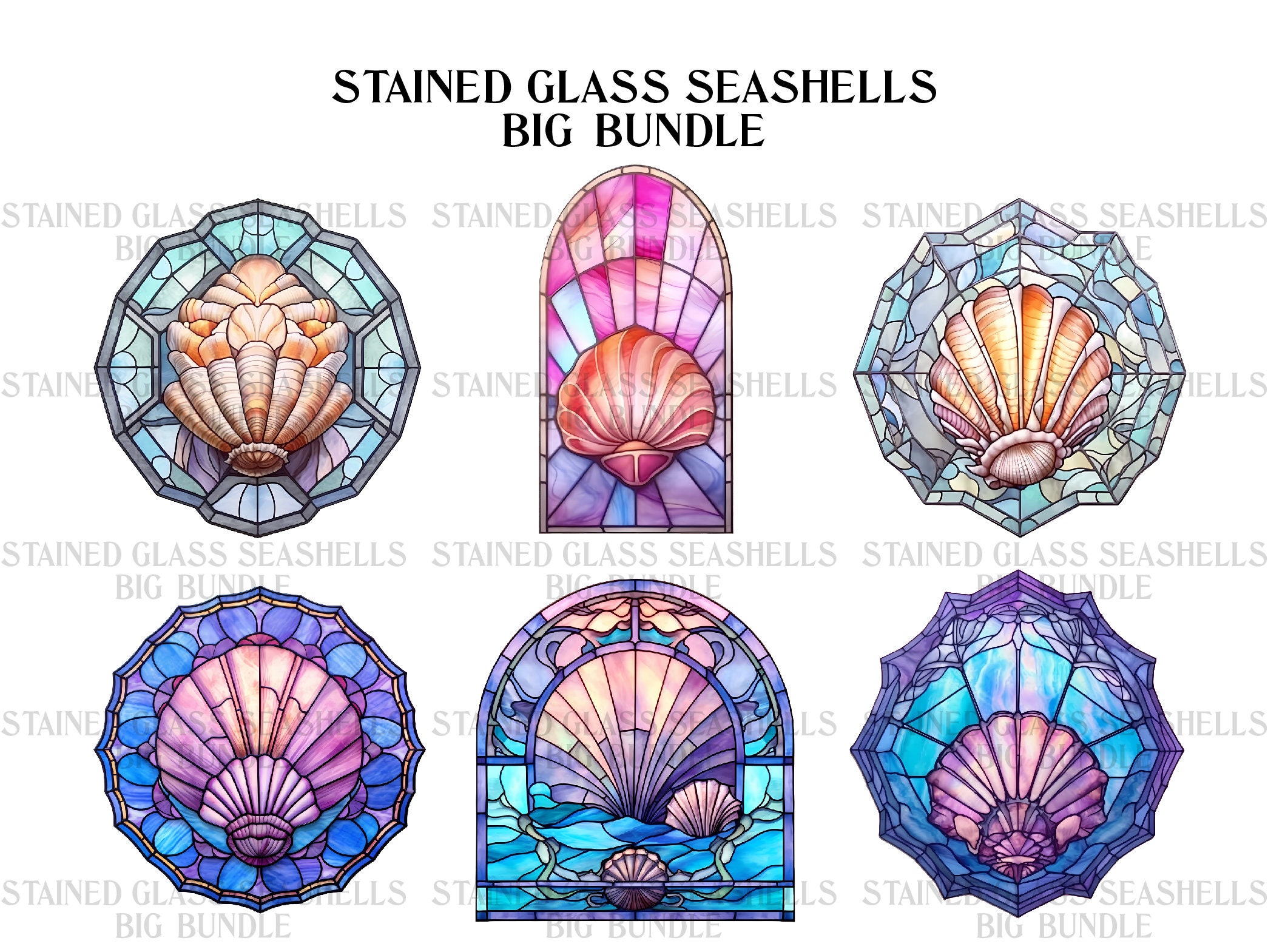 Seashell Stained Window Clipart Big Bundle 46 Seashells - Etsy