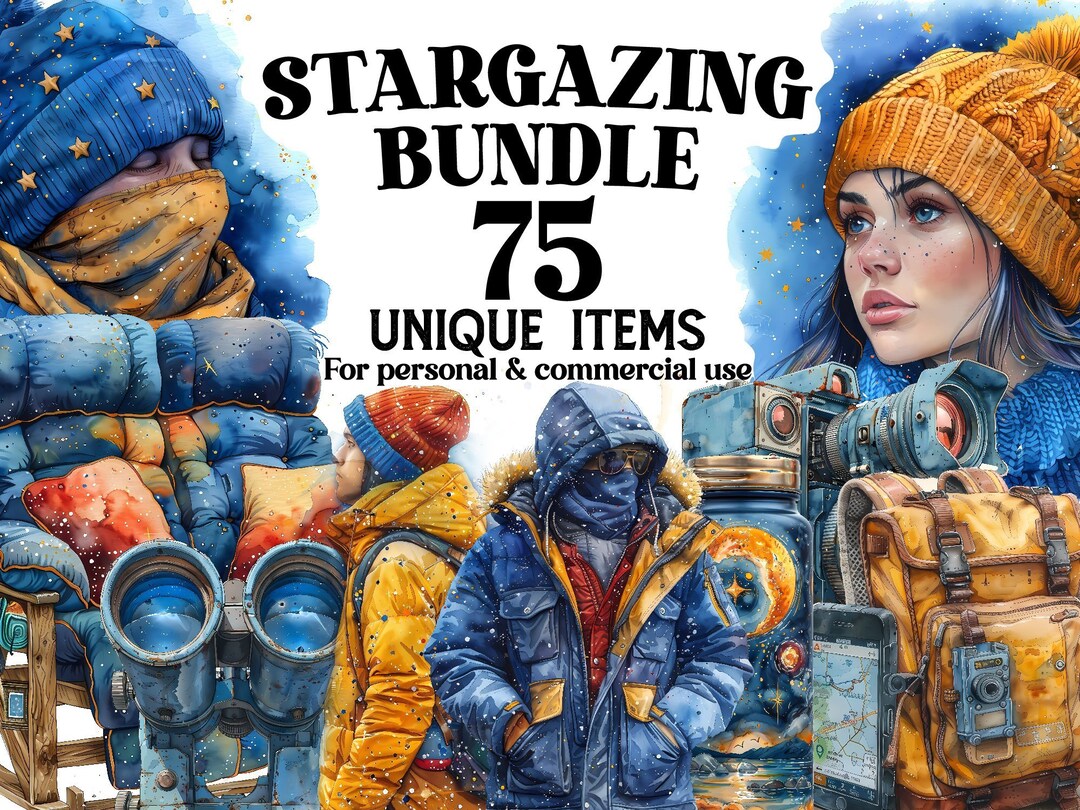 Stargazing Clipart Bundle - 75 Watercolor Hobby and Craft Pngs - Digital Drawings ...