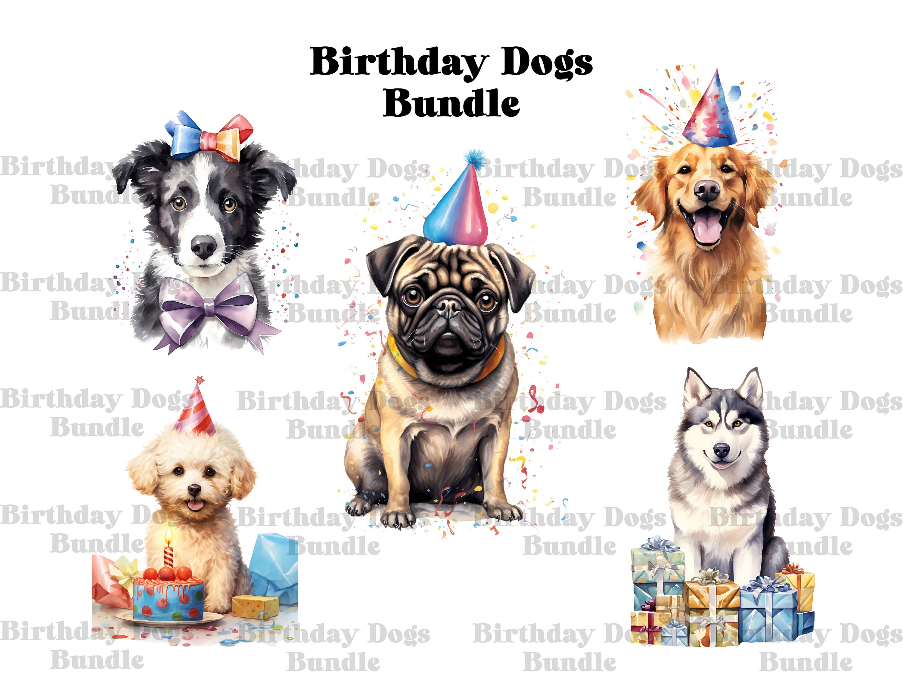 Dog Birthday Clipart Bundle 12 Birthday Dogs as Watercolor Pngs Digital ...
