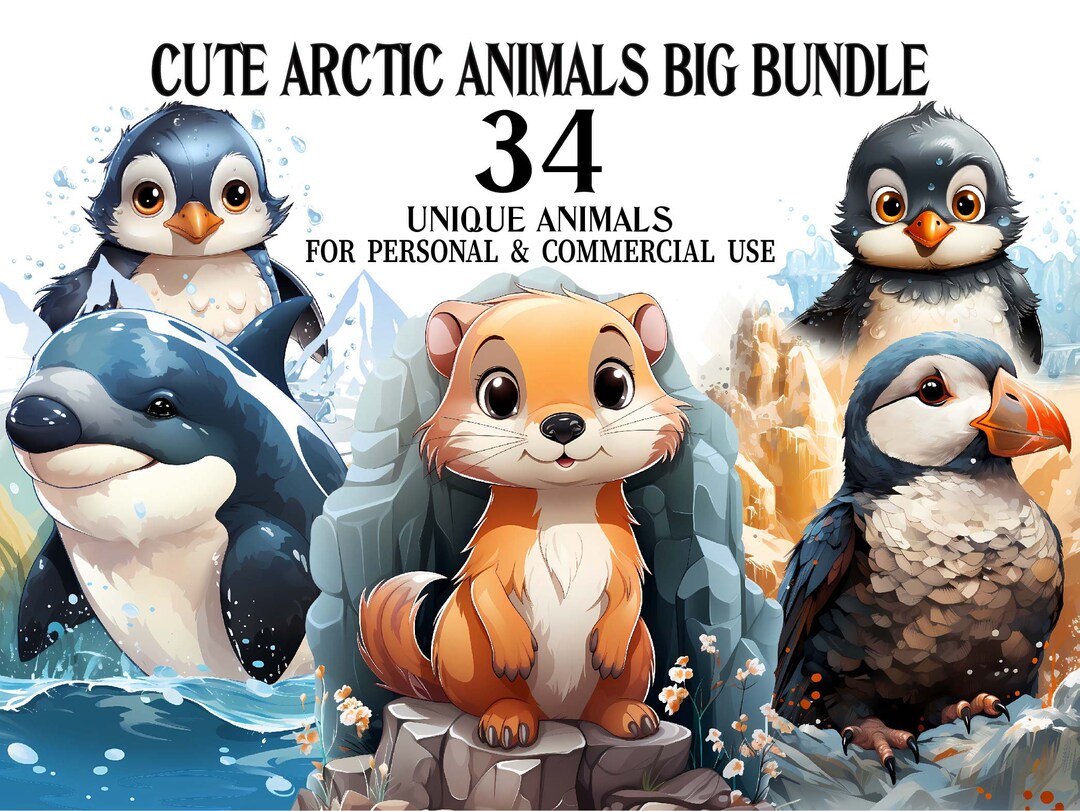 Cute Arctic Animals Clipart Big Bundle - 34 Animal Watercolor Pngs ...