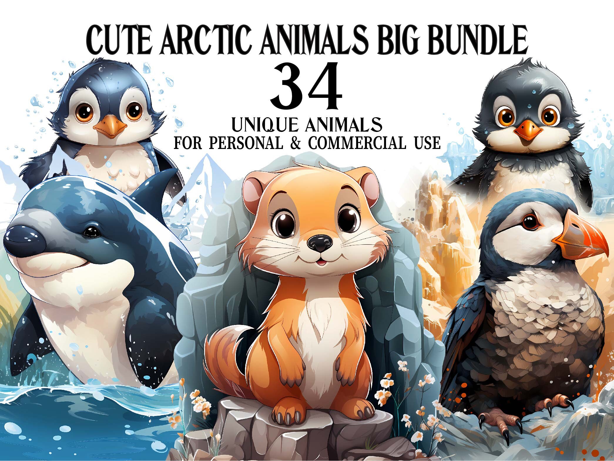 Cute Arctic Animals Clipart Big Bundle 34 Animal Watercolor Pngs ...