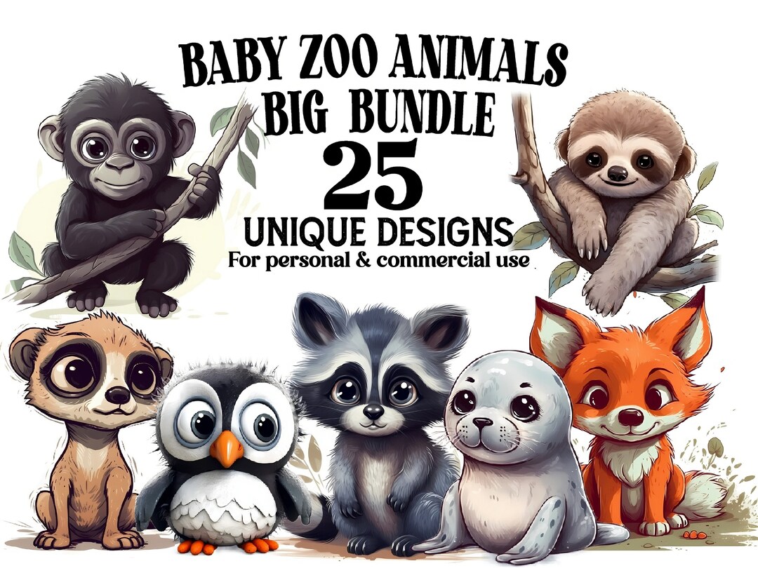 25 Baby Zoo Animals Clipart Bundle - Cute Cartoon Animal Pngs - Digital ...