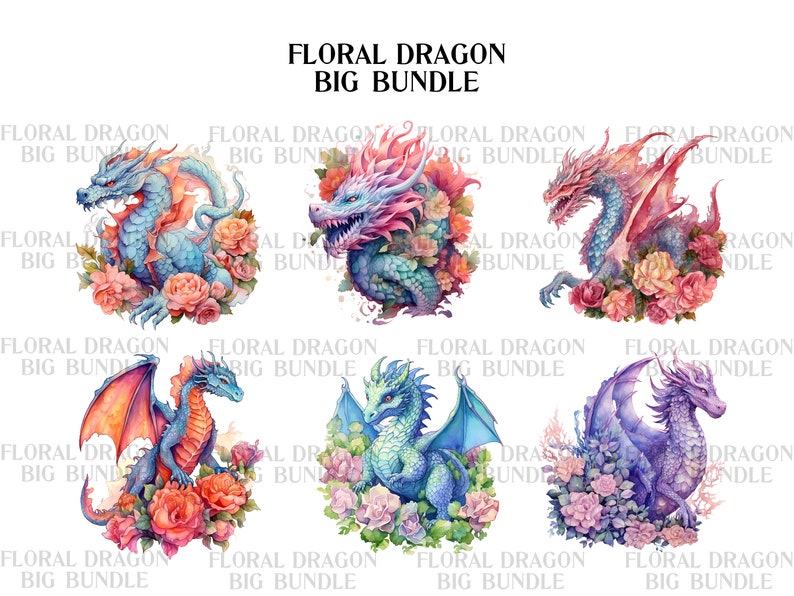Floral Dragon Clipart Big Bundle 45 Flowers Dragons Pngs - Etsy