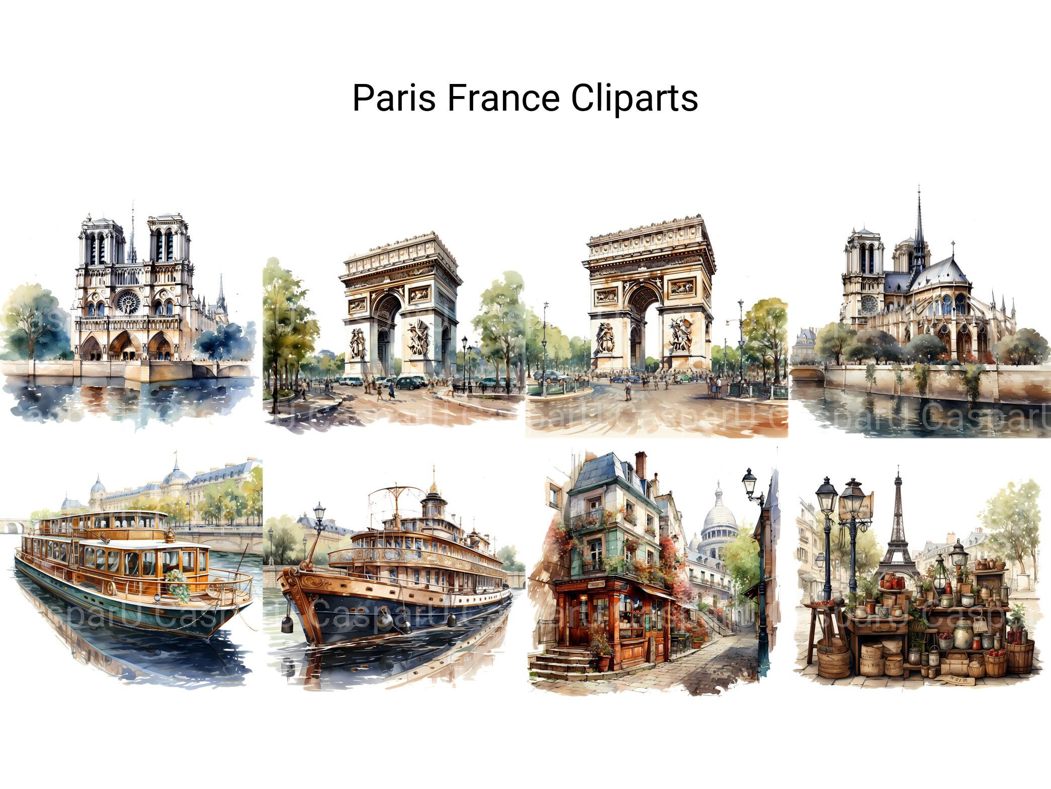 Paris France Clipart Bundle 58 Travel Watercolor Pngs Digital Drawings ...