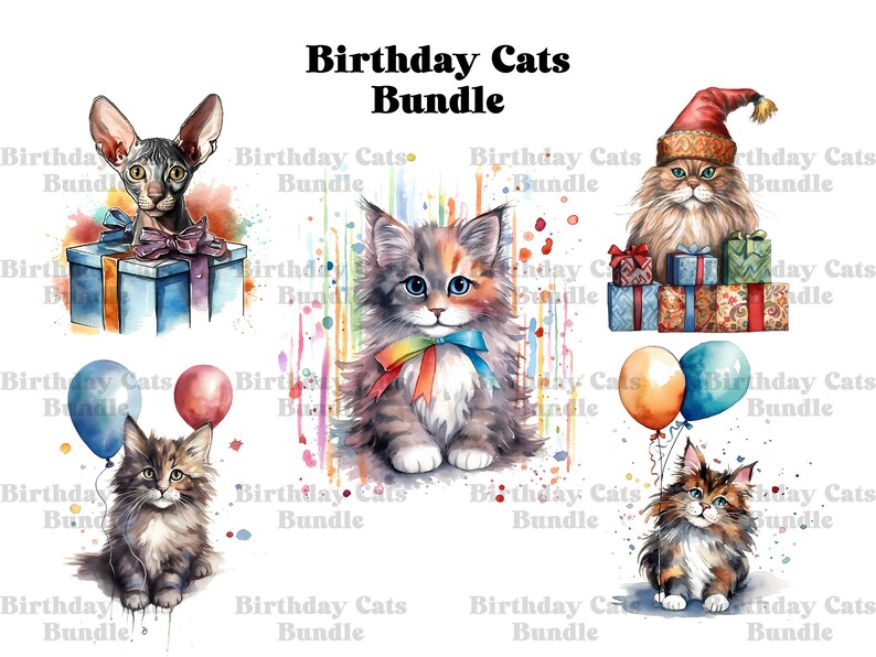 Birthday Cat Clipart Bundle 29 Cute Cats as Watercolor Pngs - Etsy