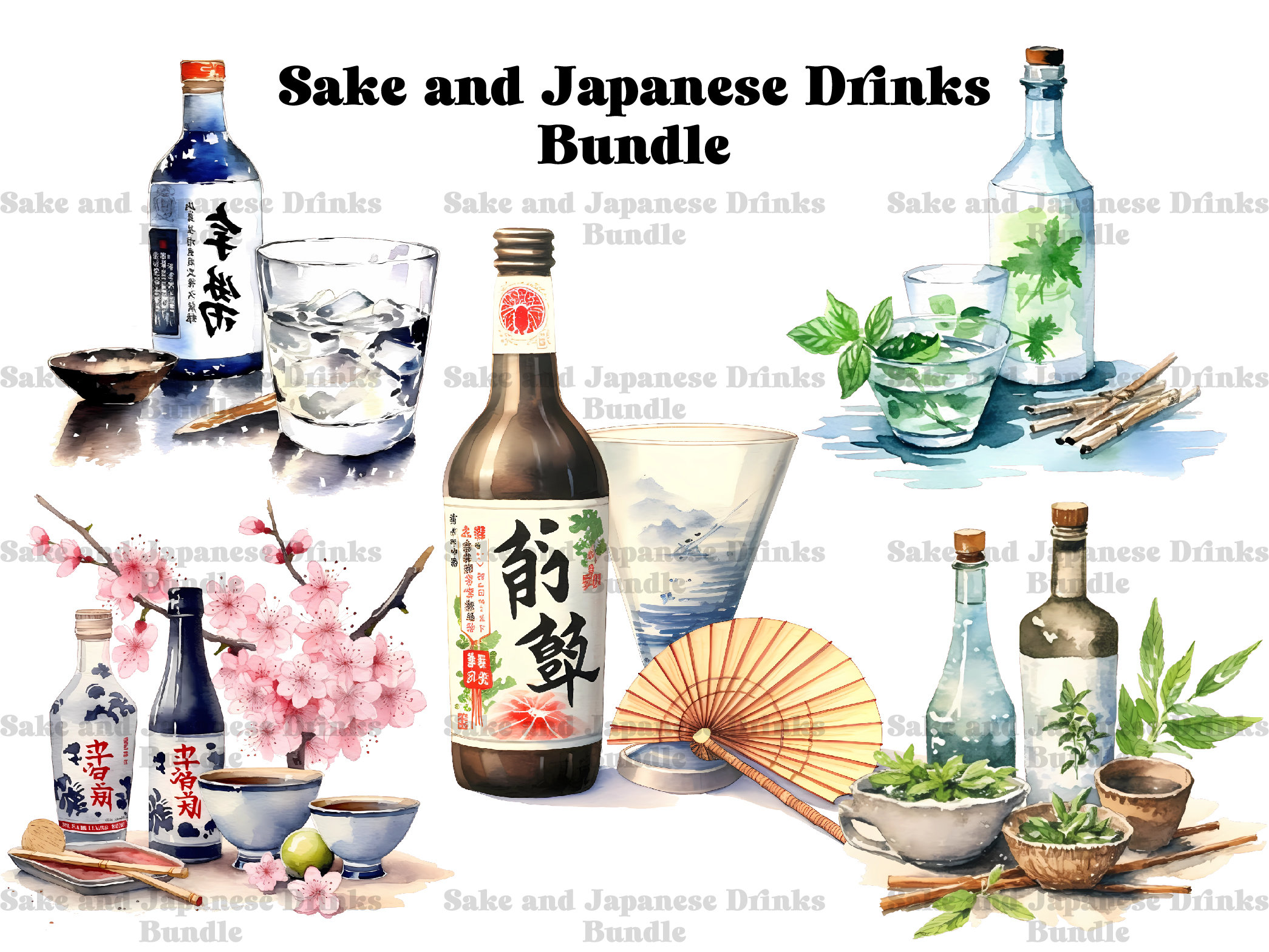 Sake and Japanese Drink Clipart Bundle 26 Sake Watercolor Pngs Clip Art ...