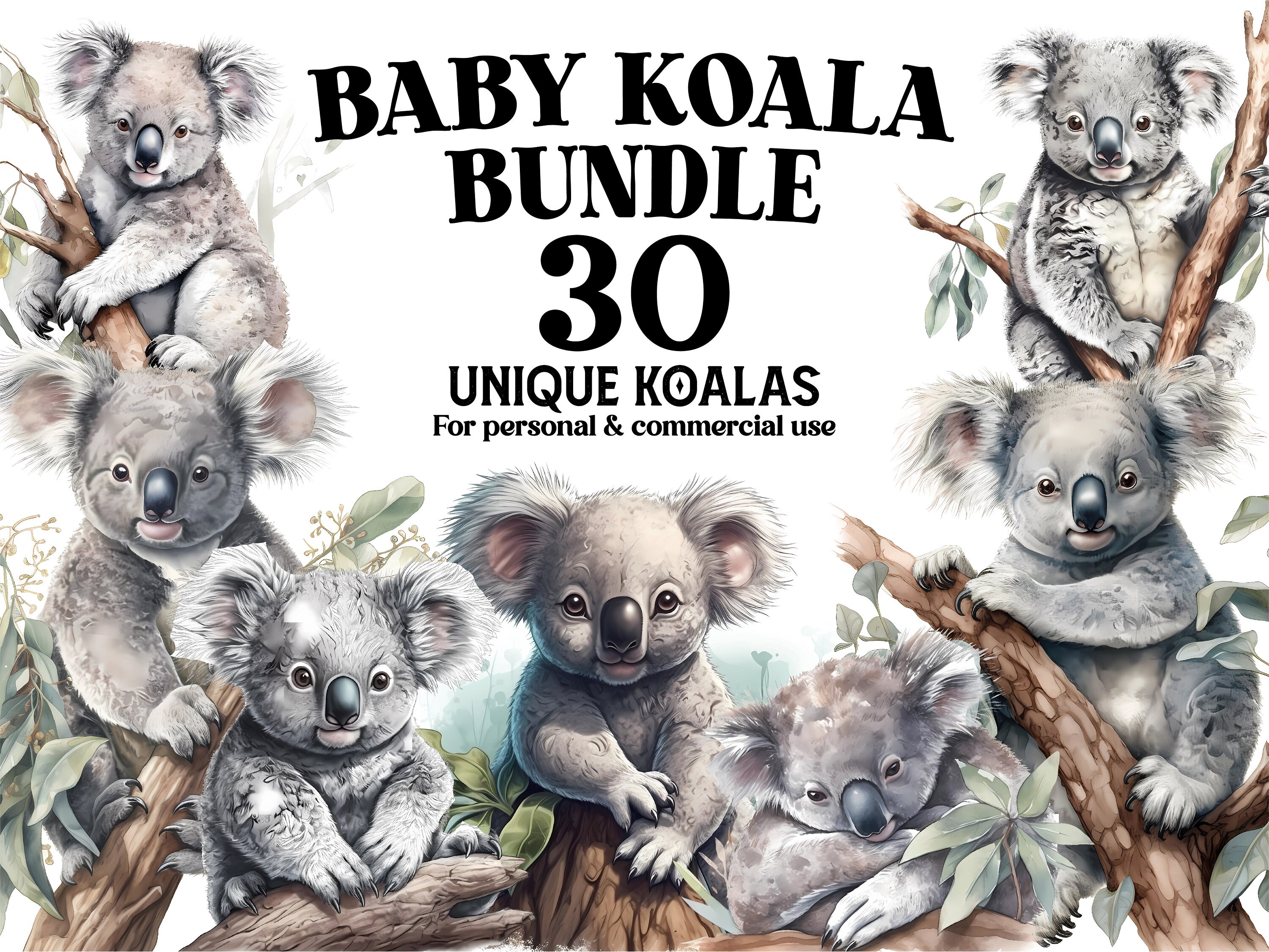 Baby Koala Clipart Bundle 30 Watercolor Baby Koala Baers Pngs for Koala ...