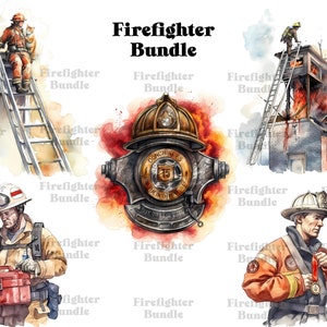 Firefighter Clipart Bundle - 27 Watercolor Fire Rescue Pngs - Perfect ...