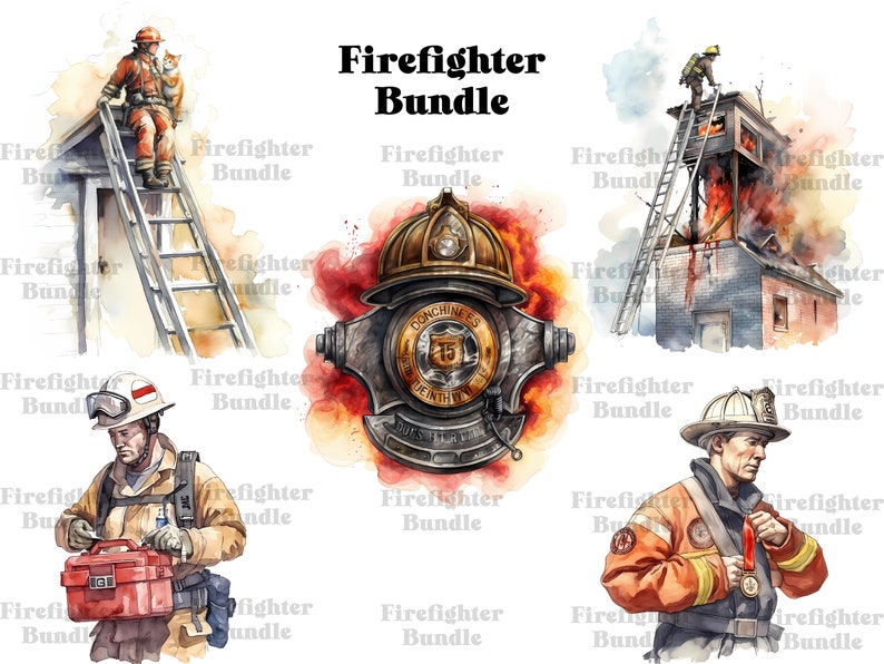 Firefighter Clipart Bundle 27 Watercolor Fire Rescue Pngs - Etsy