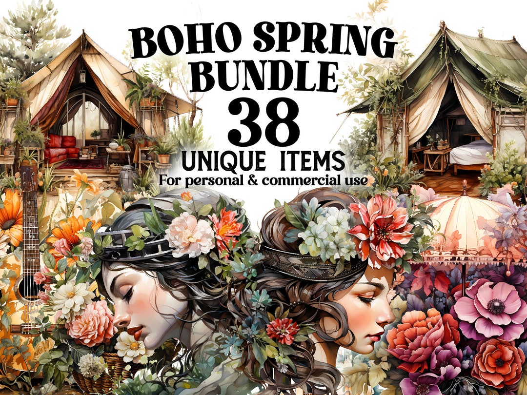 Boho Spring Clipart Bundle - 38 Watercolor Pngs - Digital Drawings ...