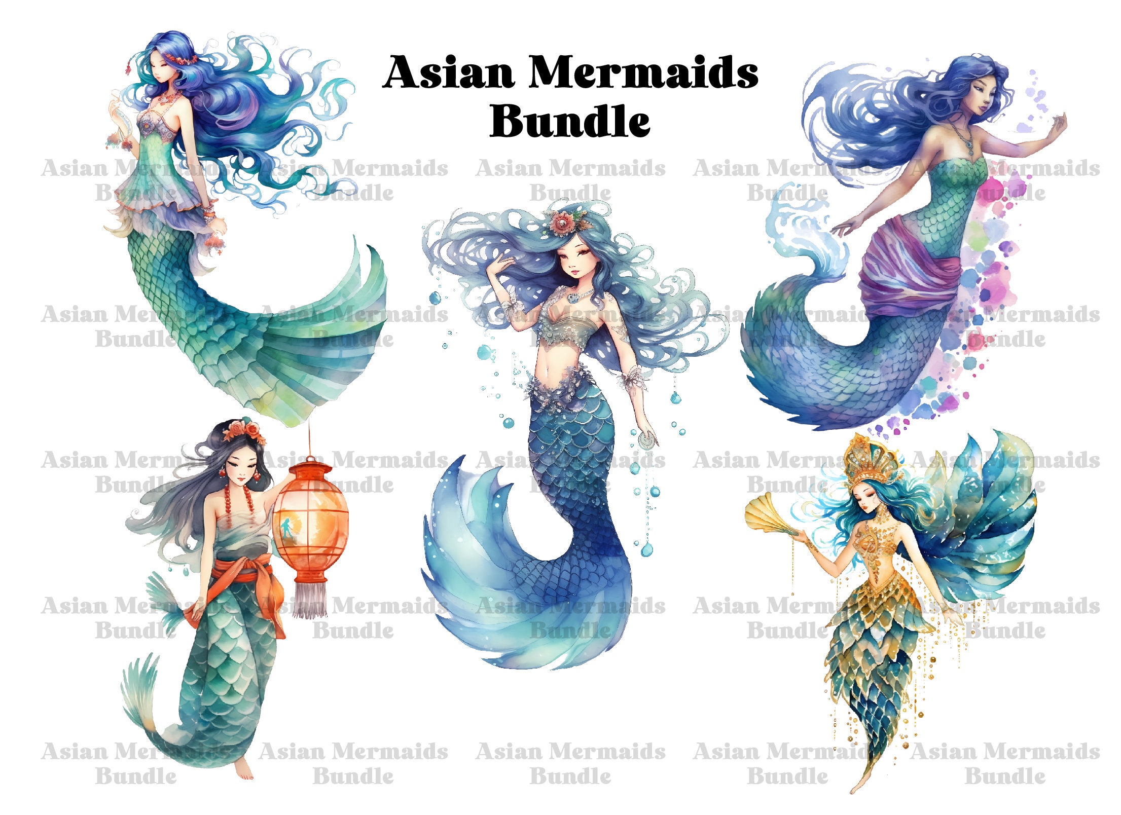 Asian Mermaid Clipart Bundle 25 Mermaids as Watercolor Pngs Mermaid ...