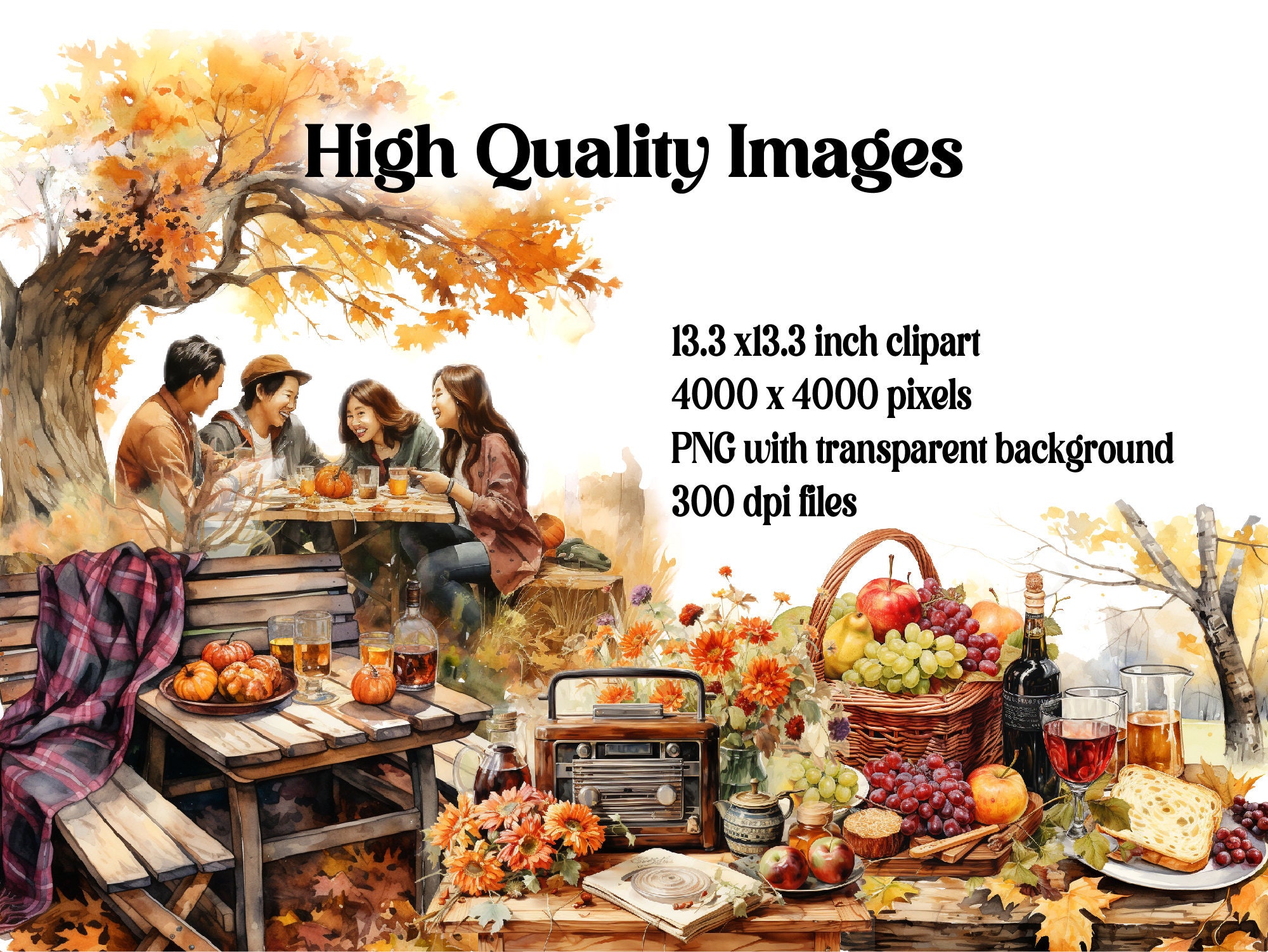 Fall Picnics Clipart Big Bundle 34 Watercolor Autumn Picnics Pngs ...