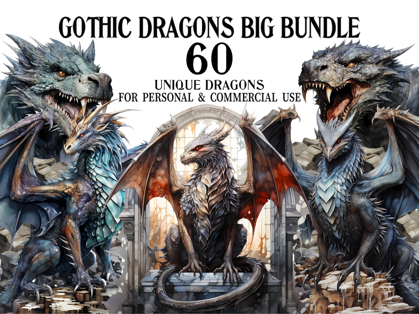 Gothic Dragons Clipart Bundle 60 Dragons Pngs Digital Download for DYI ...