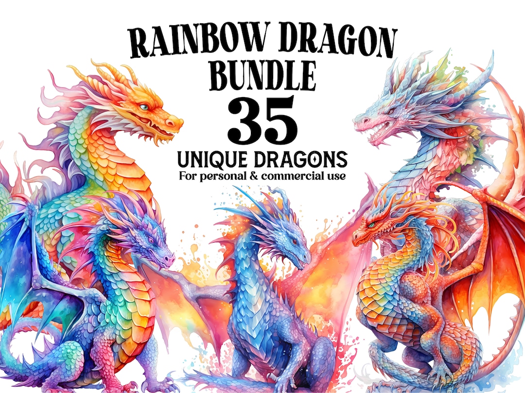 Rainbow Dragon Clipart Bundle - 35 Rainbow Dragons Pngs With ...