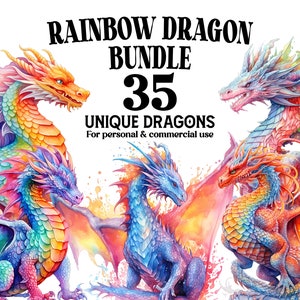 Rainbow Dragon Clipart Bundle - 35 Rainbow Dragons Pngs With ...