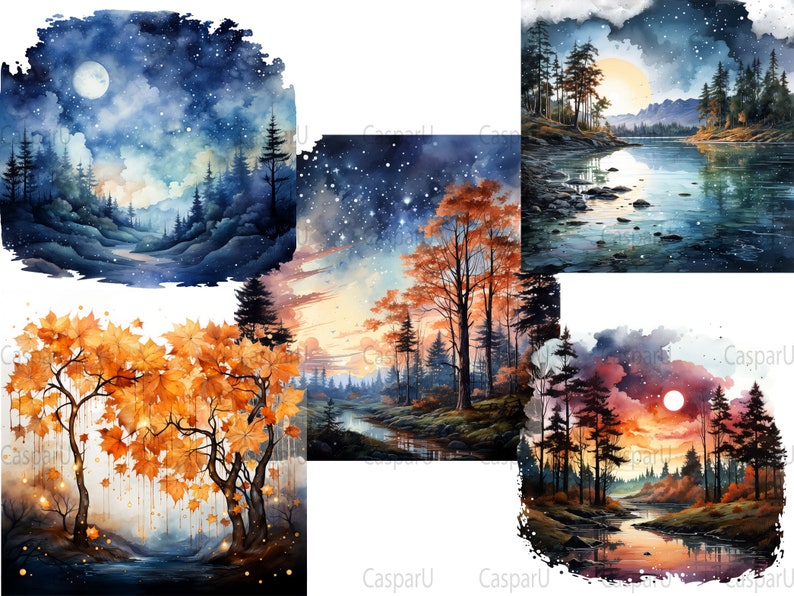 Fall Nights Clipart Bundle 32 Watercolor Autumn Star Night Pngs Clip ...